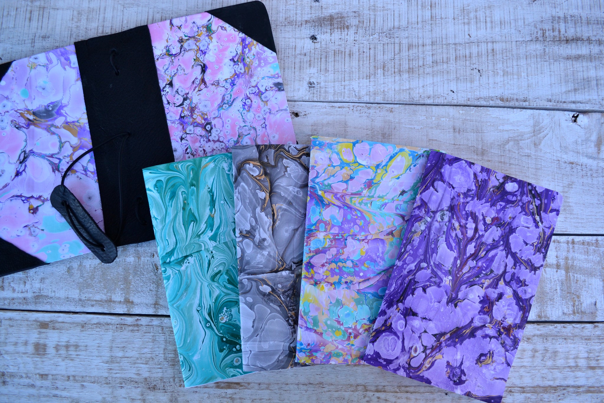 4 refillable marbled notebooks and leather bound journal – OakPo Paper Co.